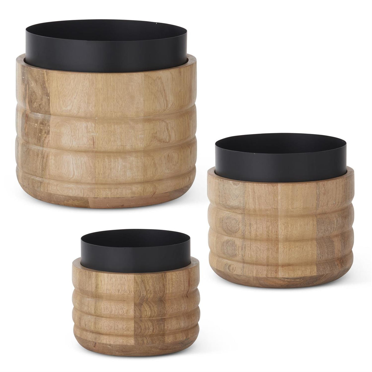 Set of 3 Mango Wood & Black Metal Nesting Pots – Montana Rustic Accents