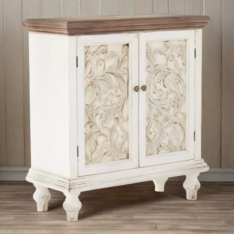WHITEWASHED CABINET W/DISTRESSED LIGHT BLUE FILIGREE DOORS-PICK UP ONL ...